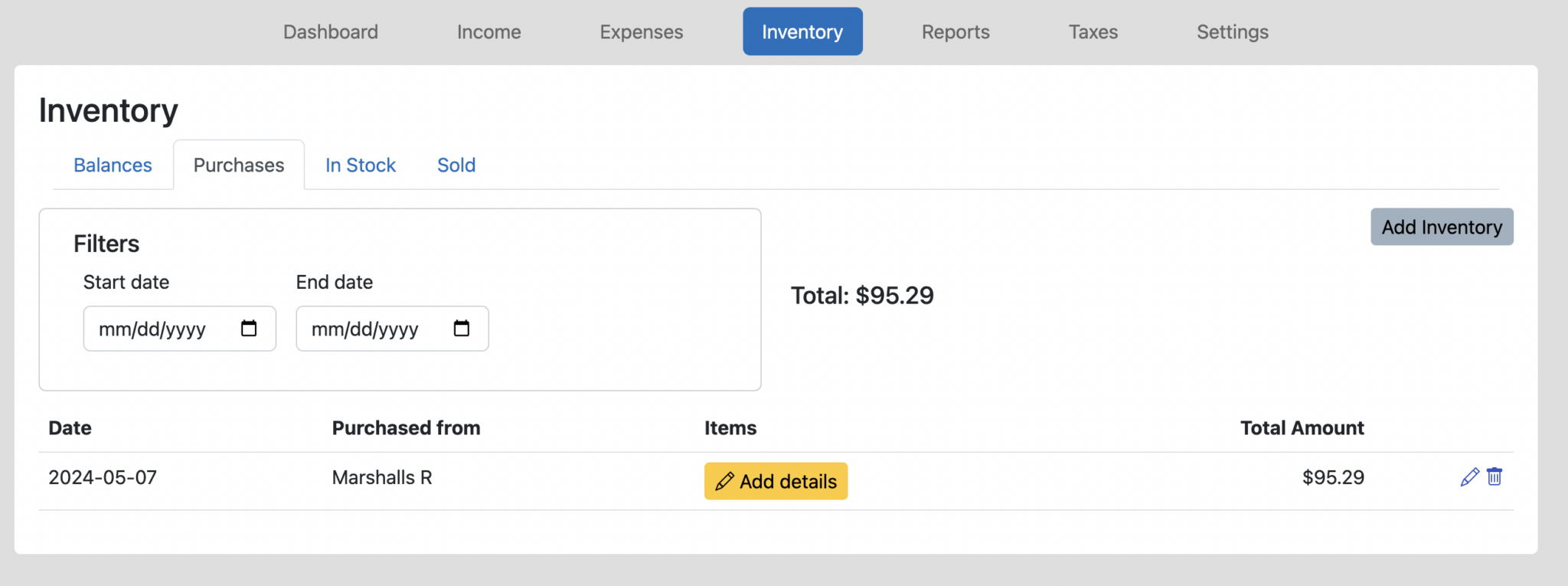 Add inventory costs from receipts - Seller Ledger