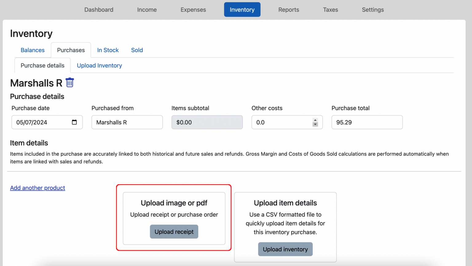 Add inventory costs from receipts - Seller Ledger
