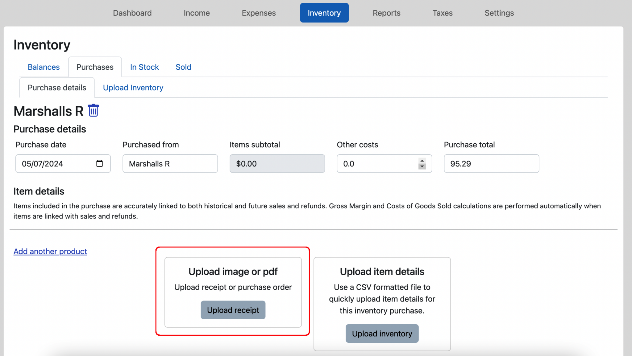 Add inventory costs from receipts - Seller Ledger