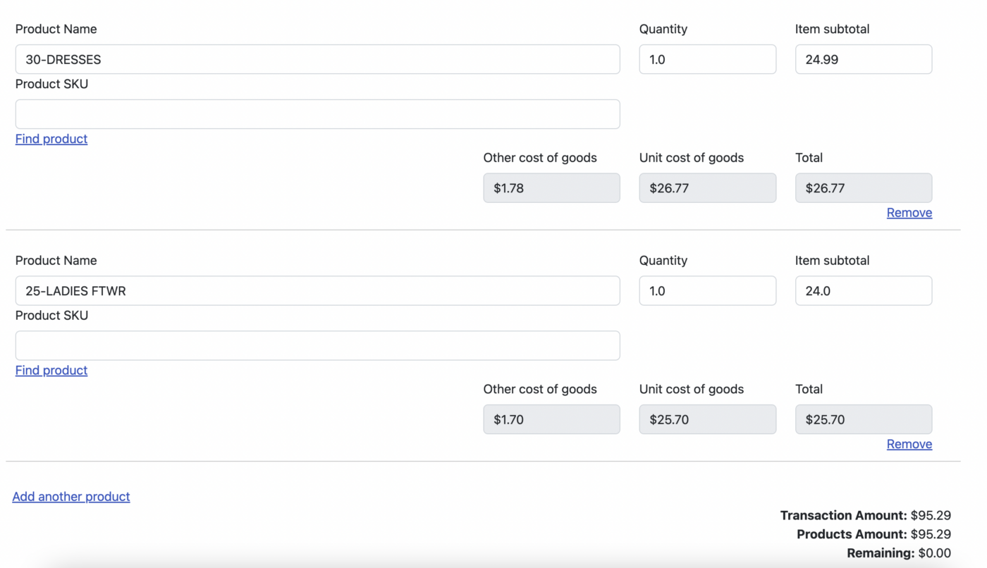 Add inventory costs from receipts - Seller Ledger